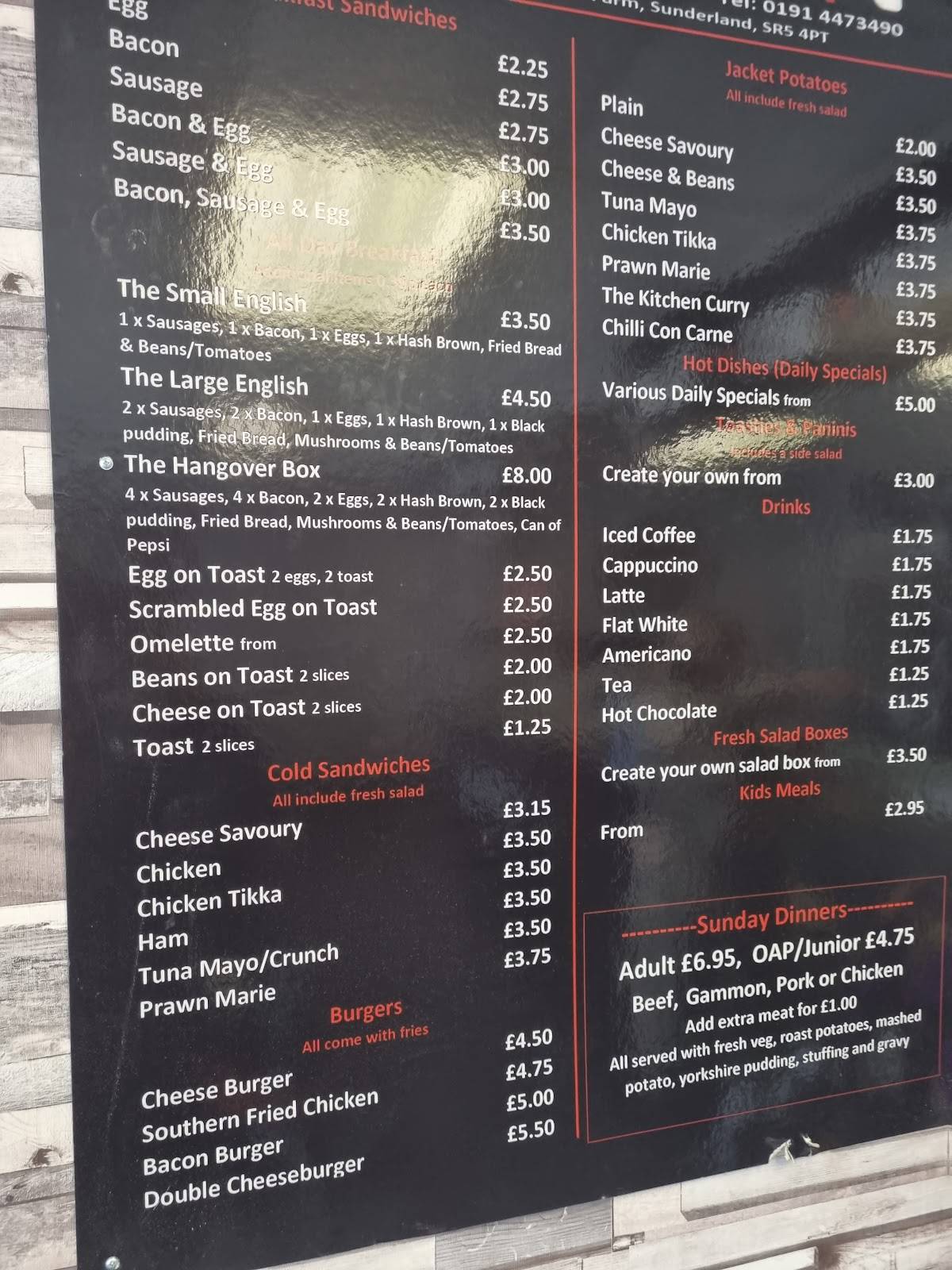Menu at The Kitchen cafe, Sunderland