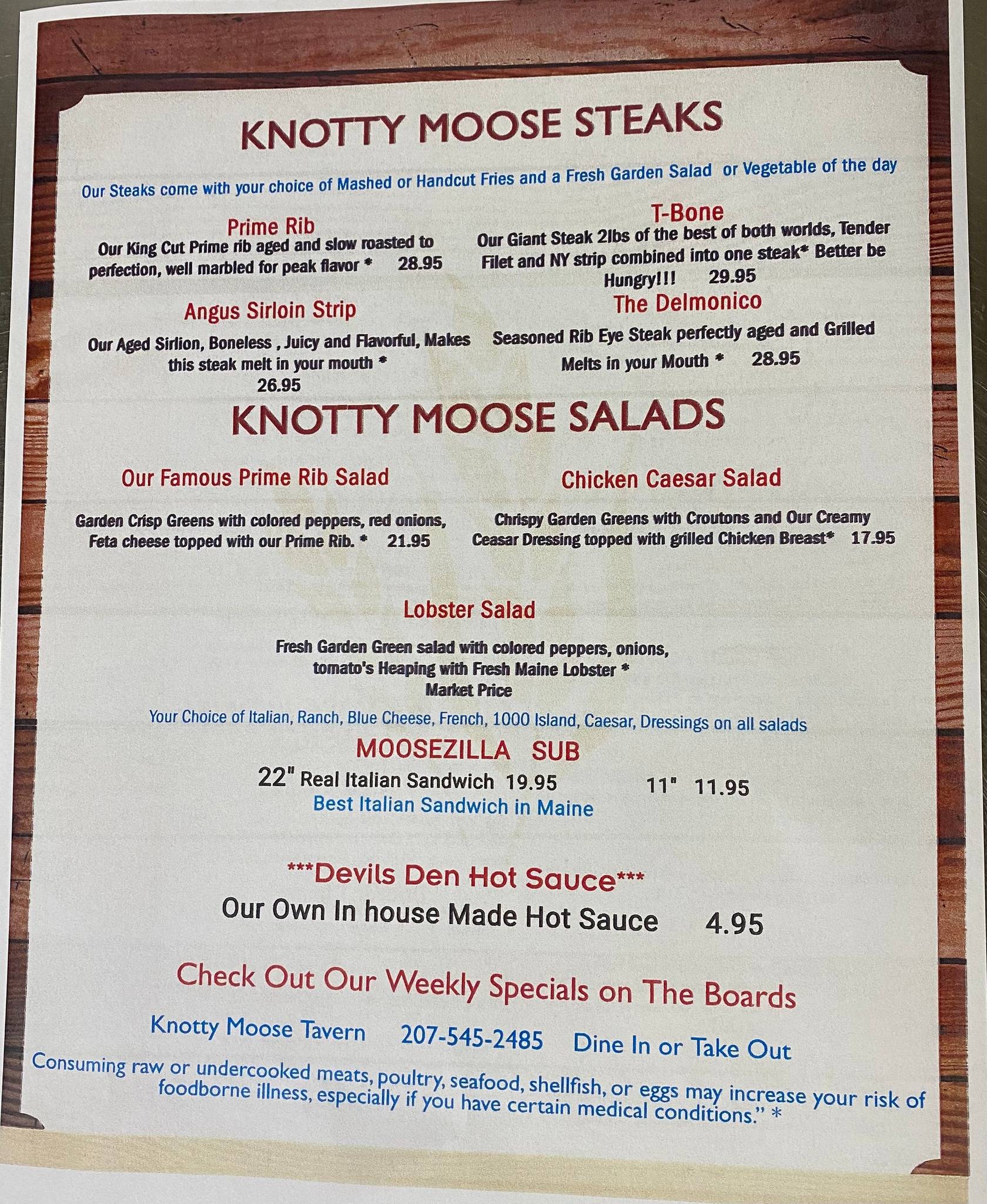 Menu at The Knotty Moose Cabins and Tavern restaurant, Roxbury, Roxbury ...