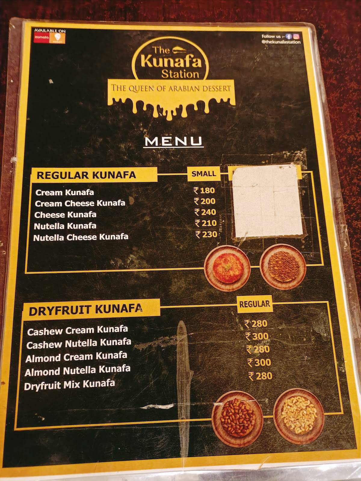 Menu at The Kunafa Station, Hyderabad, Old Mumbai Hwy