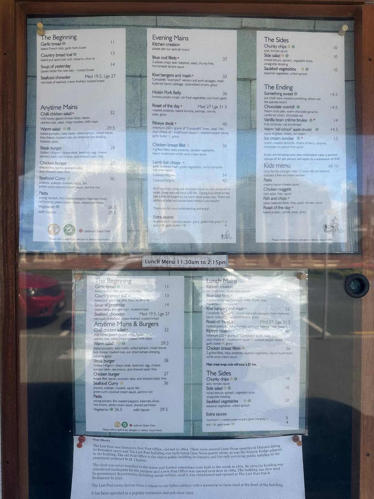 Menu at The Last Post, Restaurant, Bar & Catering Service, Oamaru