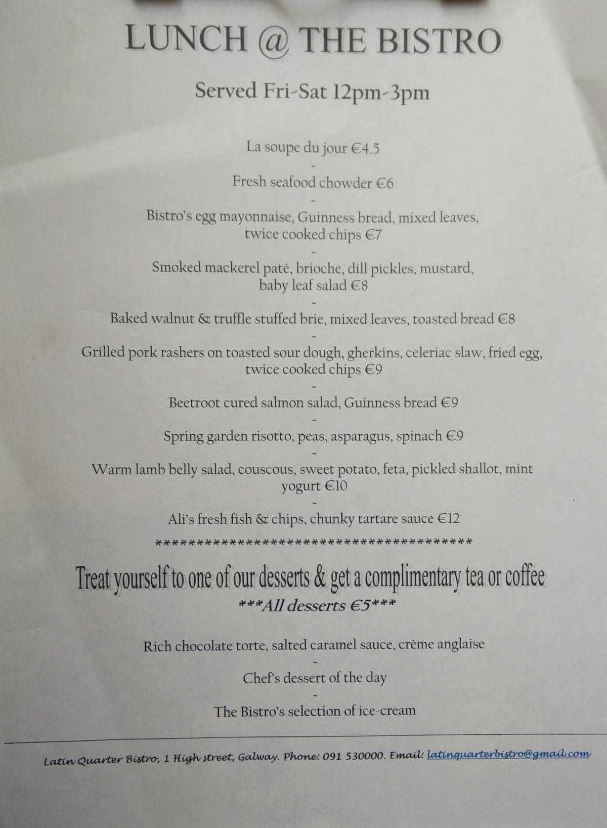 Menu at The Latin Quarter Wine Bar & Bistro, Galway