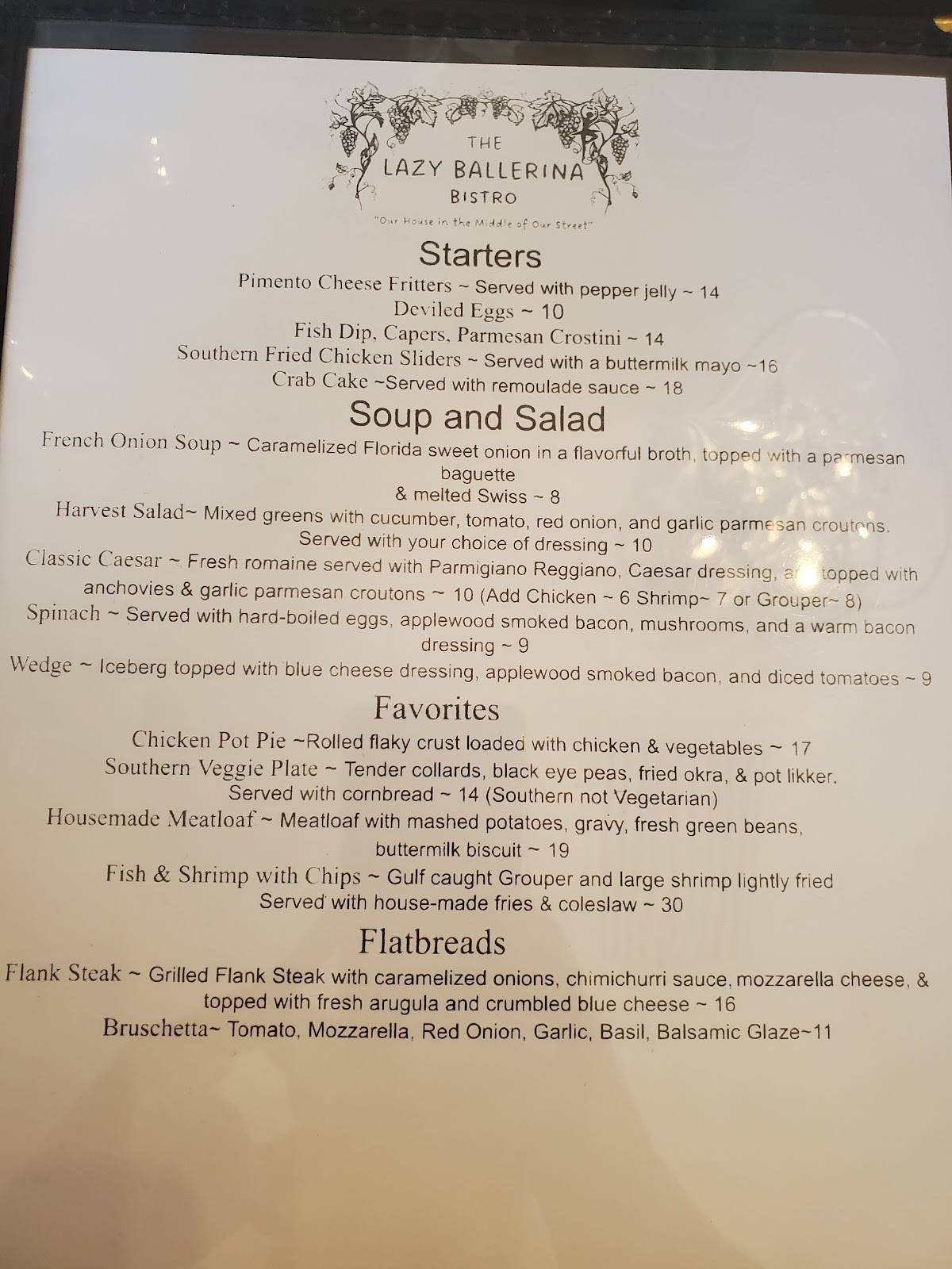 The Lazy Ballerina Bistro Menu