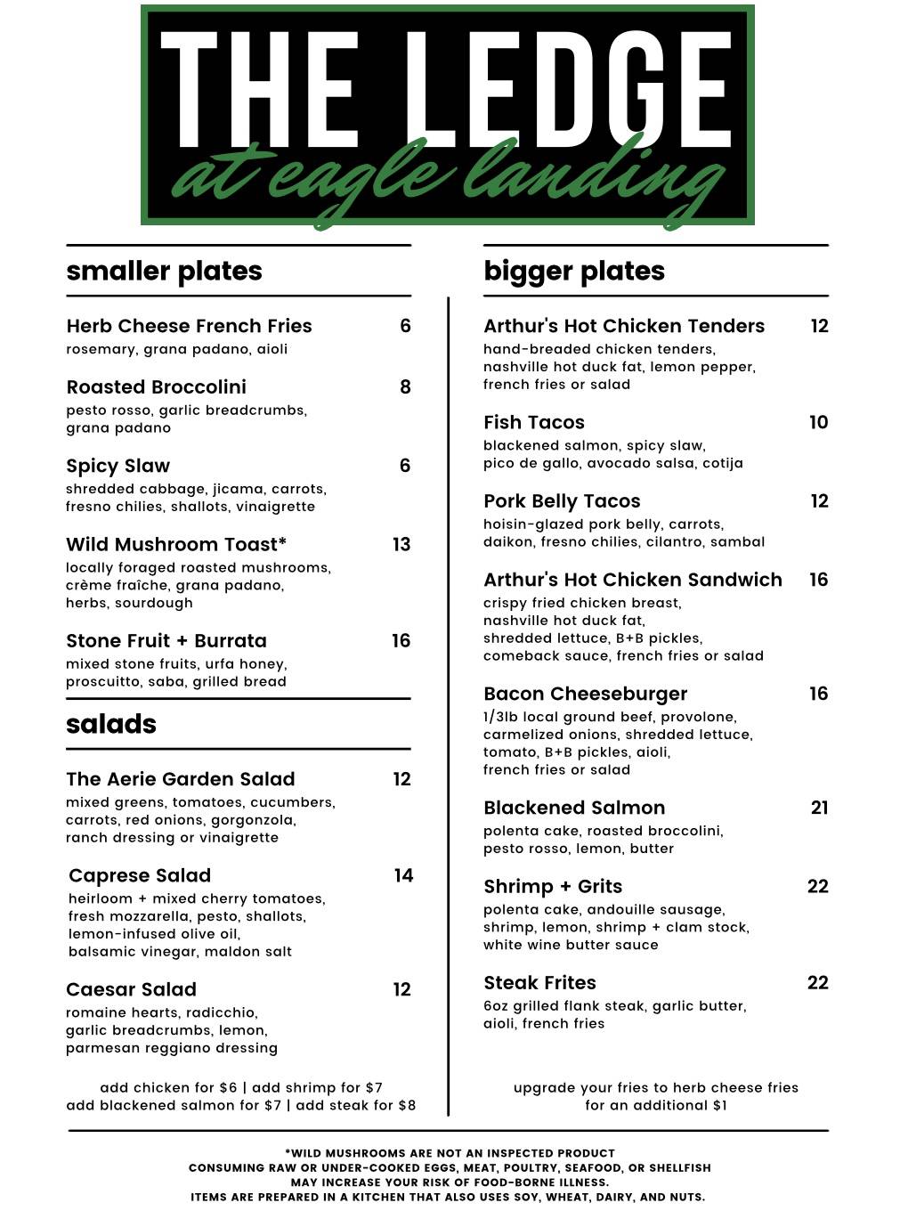 Carta del restaurante The Ledge at Eagle Landing, Happy Valley