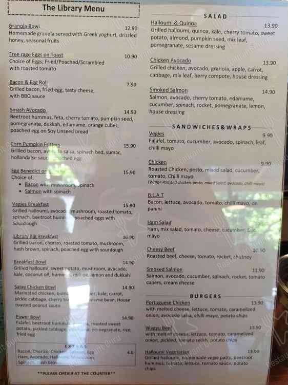 Menu at The Library cafe, North Sydney, 240 Miller St