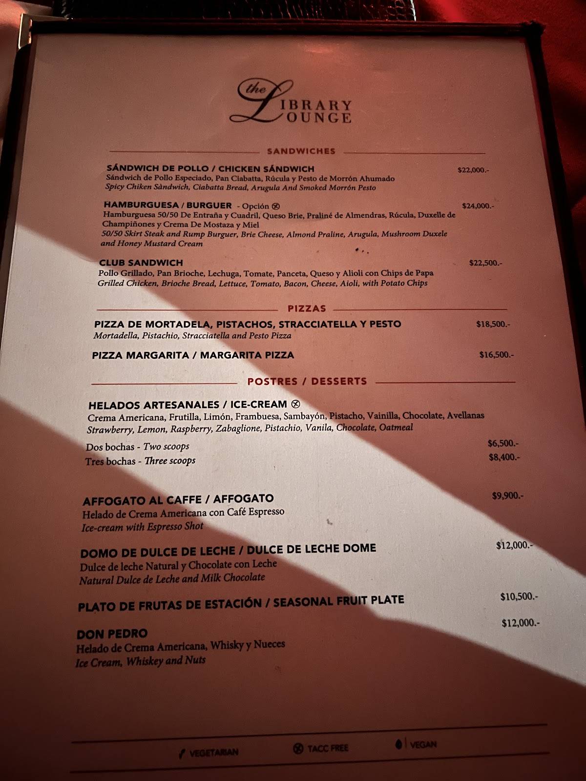 Carta del pub y bar Faena Hotel Library Lounge, Buenos Aires