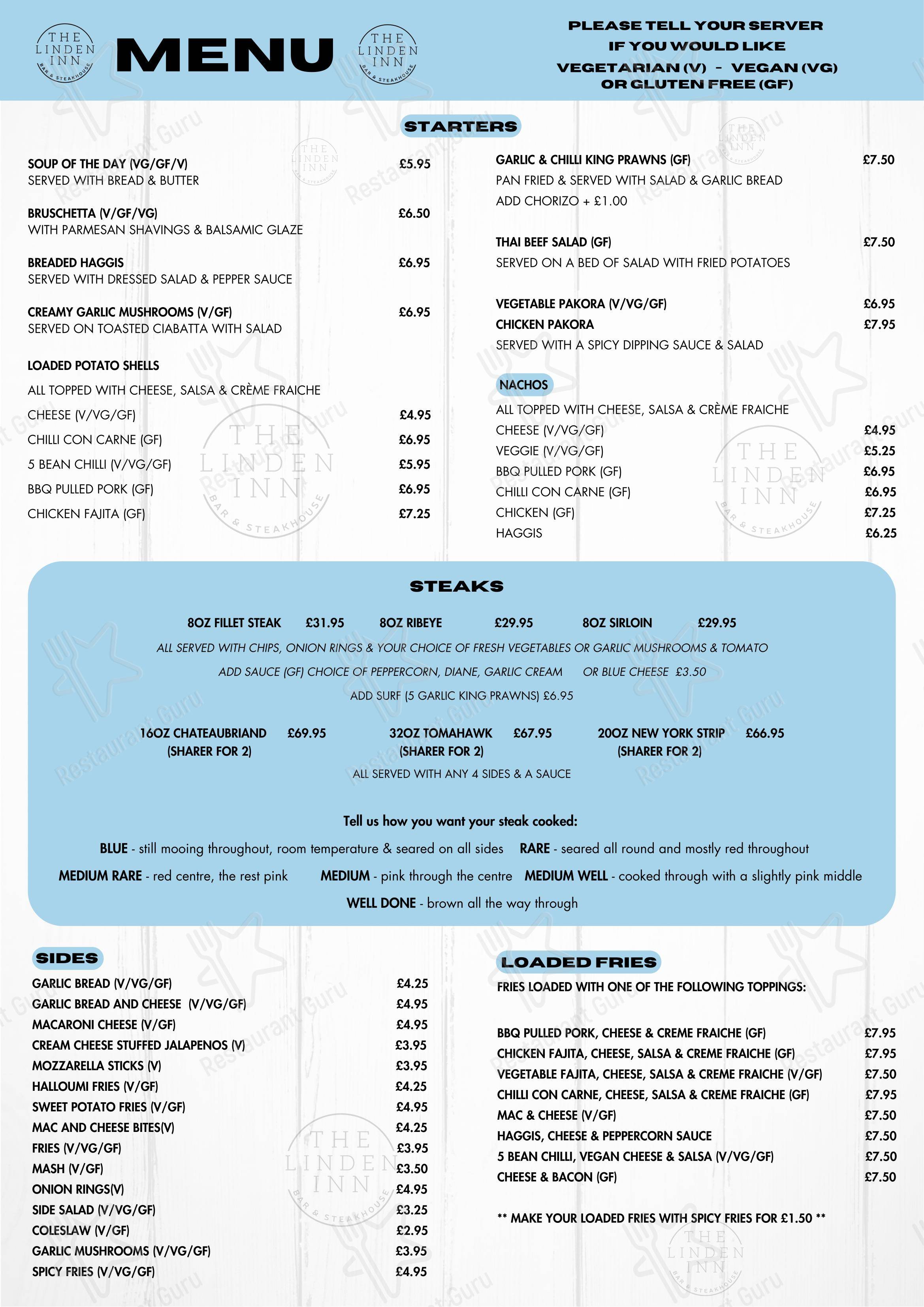 Menu at The Linden Inn Bar & Steakhouse, Stirling