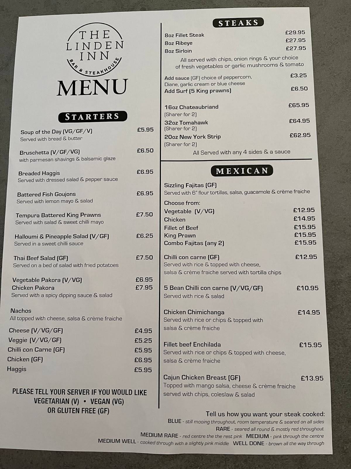 Menu at The Linden Inn Bar & Steakhouse, Stirling