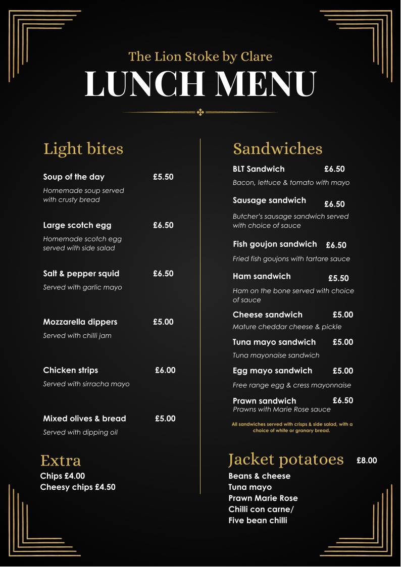 Menu at The Lion pub & bar, England, The St