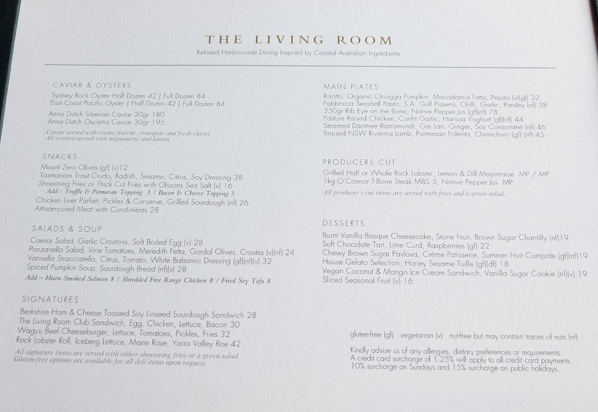 Menu at The Living Room restaurant, The Rocks, Park Hyatt Sydney