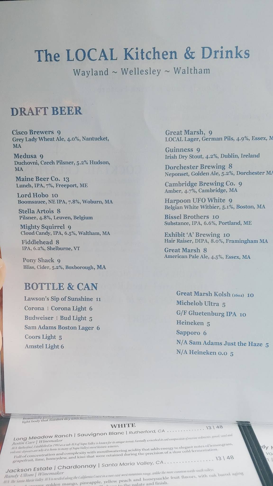 Menu at The Local Kitchen & Drinks restaurant, Wellesley