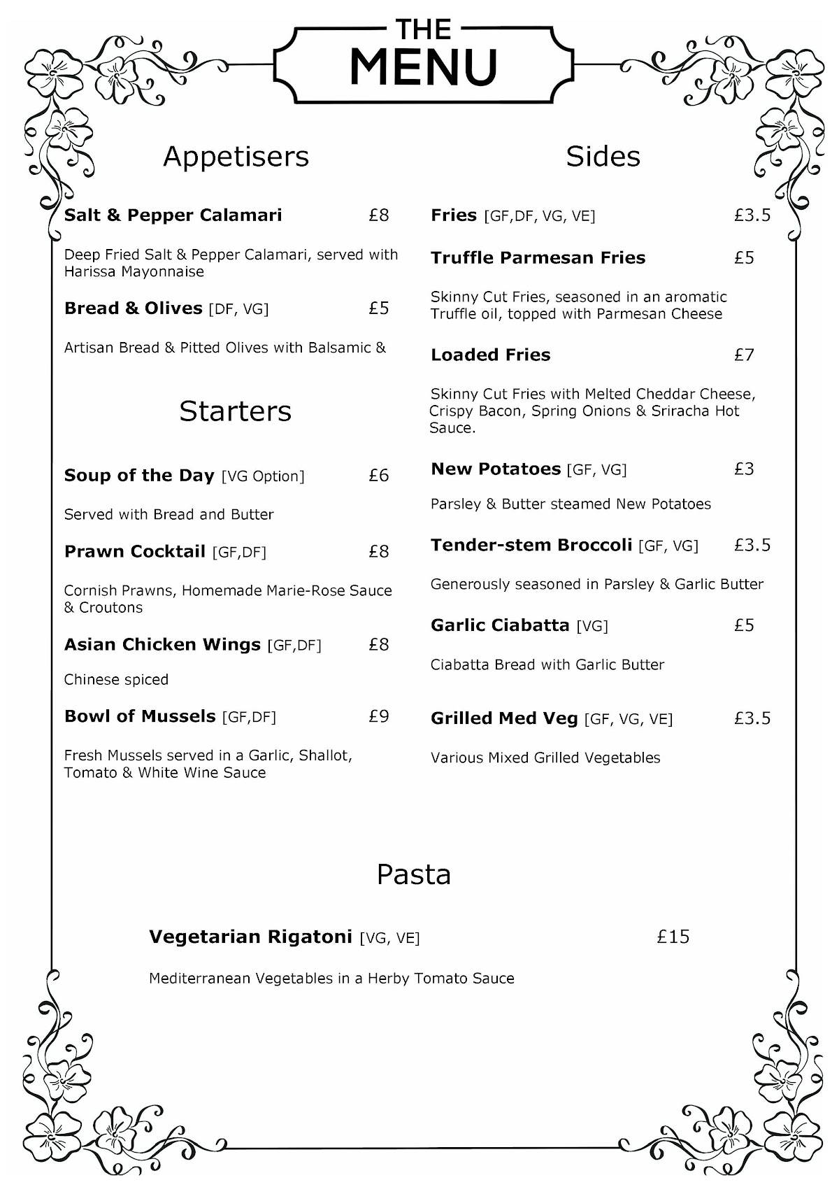 Menu at The Lock Keepers restaurant, Gloucester