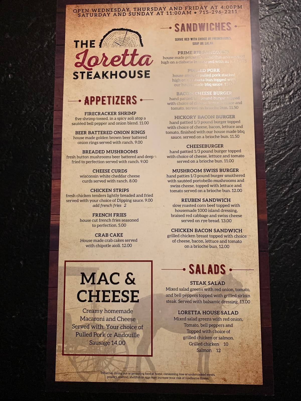 Menu at The Loretta Steakhouse, USA