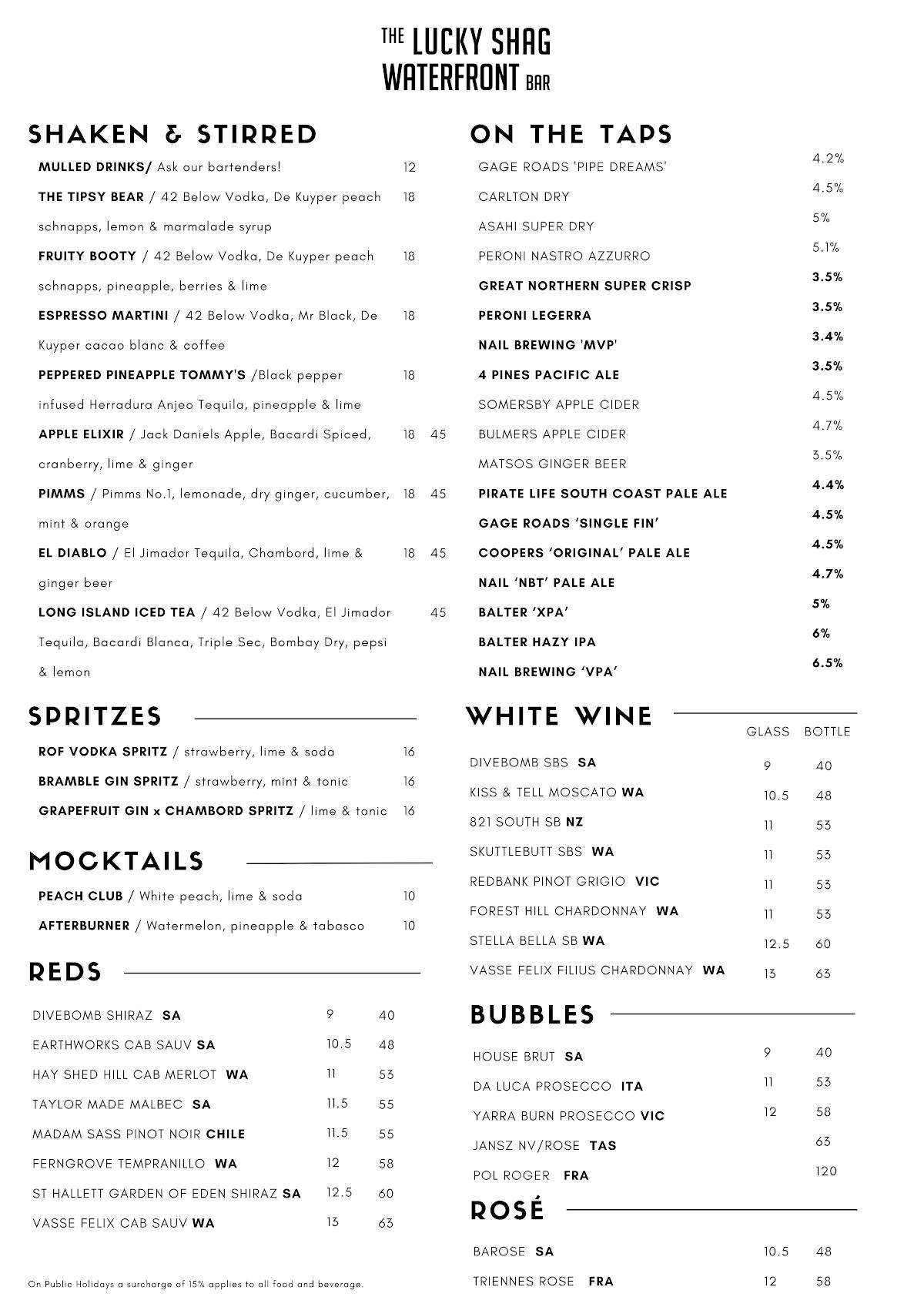 Menu at The Lucky Shag pub & bar, Perth