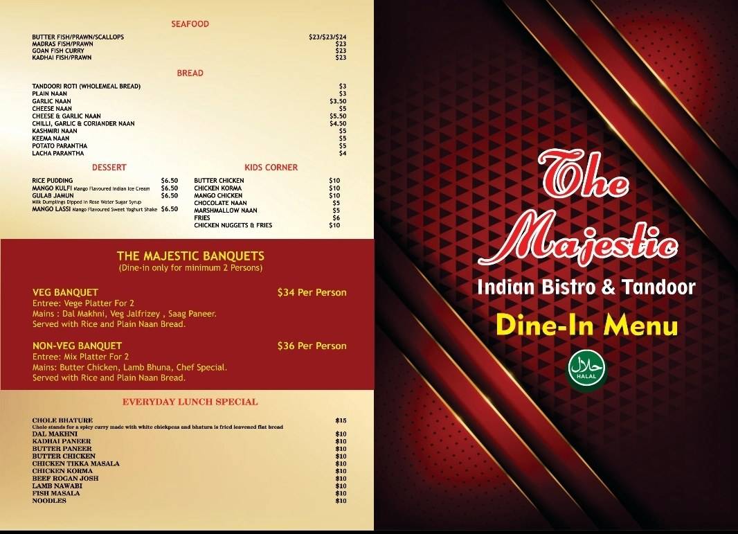 Menu at The Majestic restaurant, Christchurch