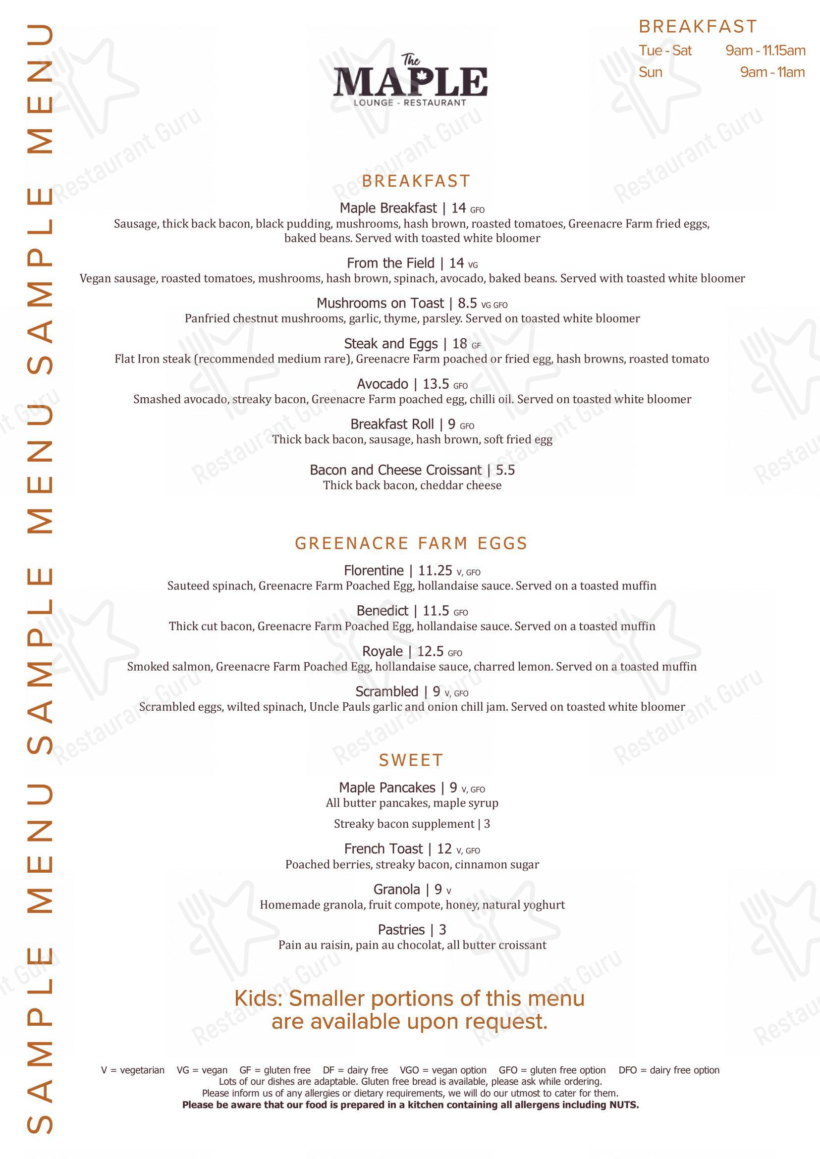 Menu at The Maple restaurant, Bristol, Cleeve