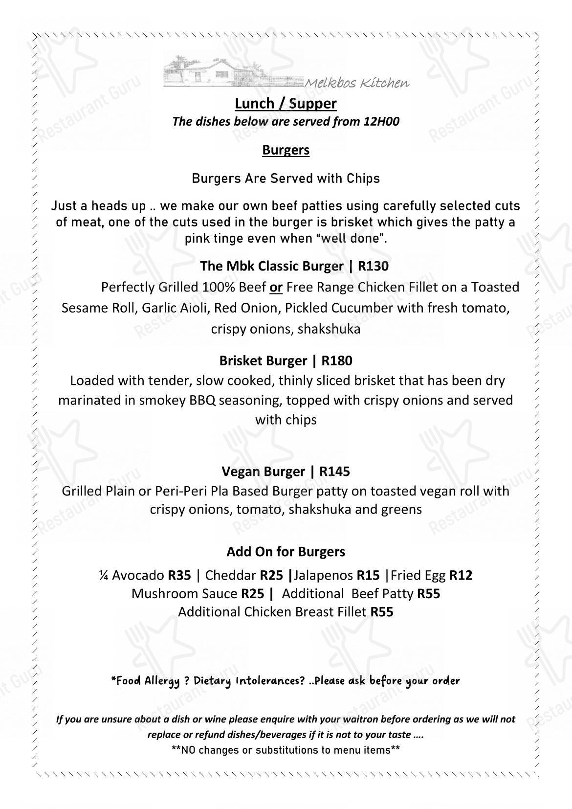 Menu at The Melkbos Kitchen restaurant, Cape Town