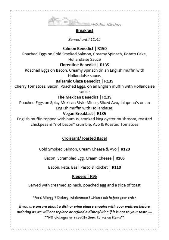 Menu at The Melkbos Kitchen restaurant, Cape Town