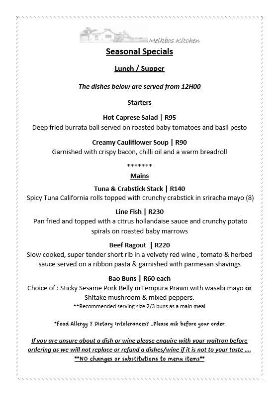 Menu at The Melkbos Kitchen restaurant, Cape Town
