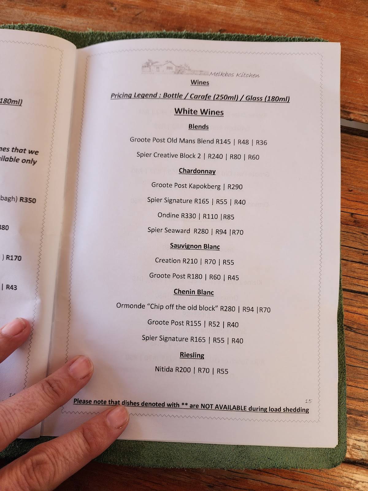 Menu at The Melkbos Kitchen restaurant, Cape Town