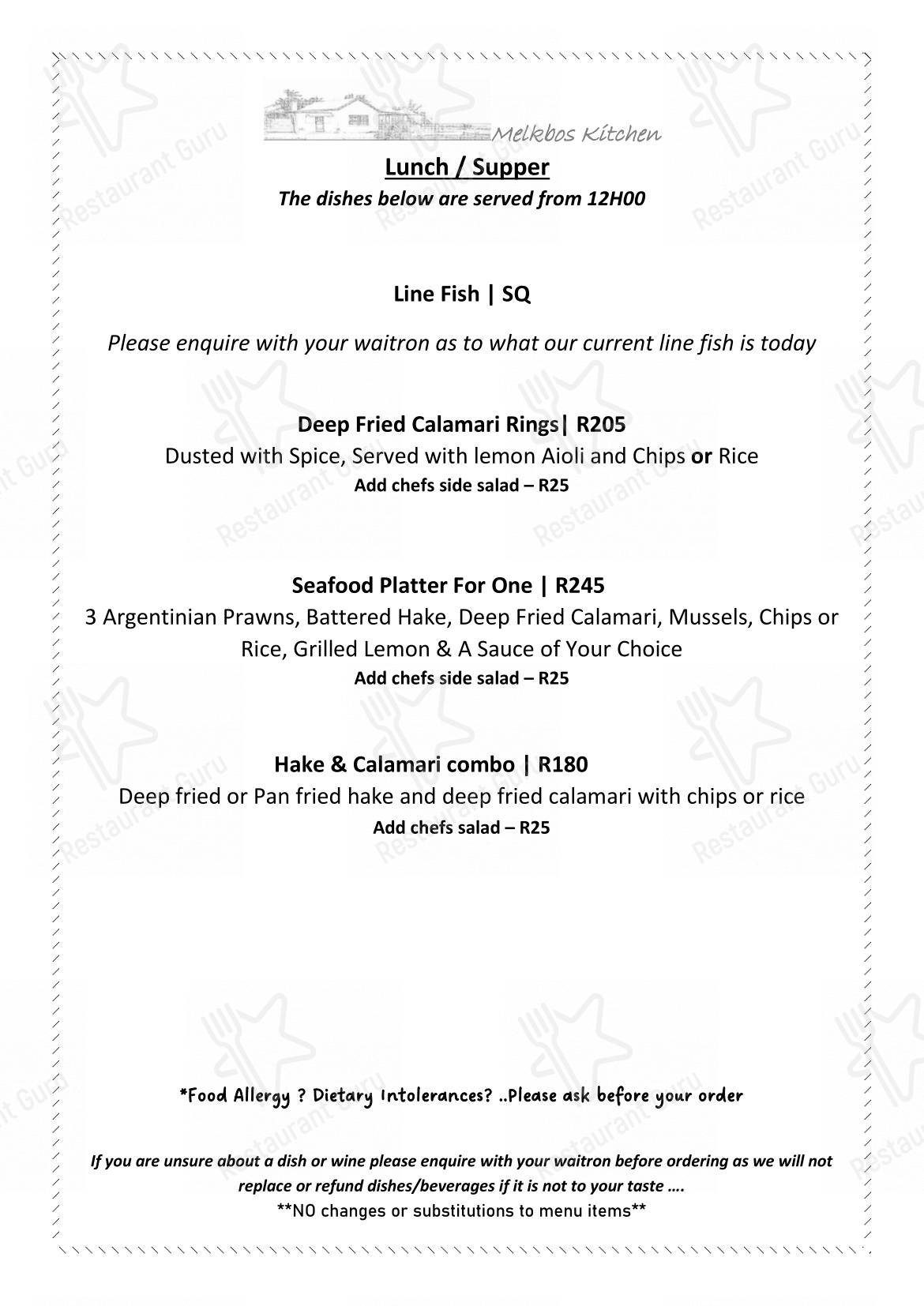 Menu at The Melkbos Kitchen restaurant, Cape Town