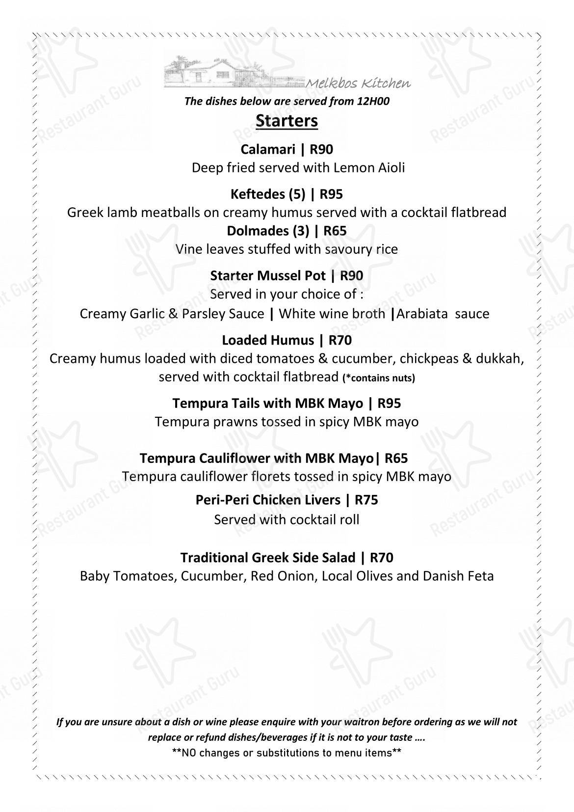 Menu at The Melkbos Kitchen restaurant, Cape Town