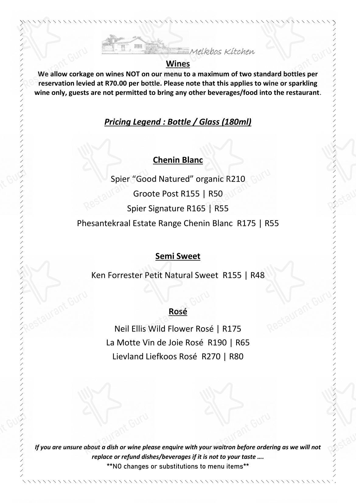 Menu at The Melkbos Kitchen restaurant, Cape Town