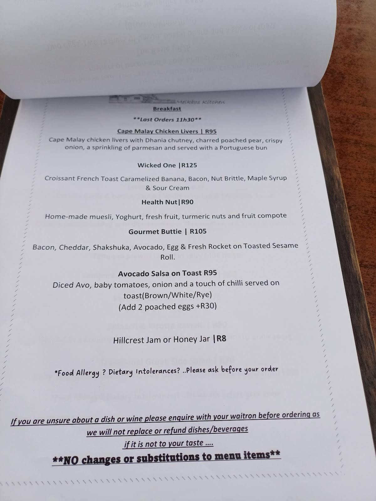 Menu at The Melkbos Kitchen restaurant, Cape Town