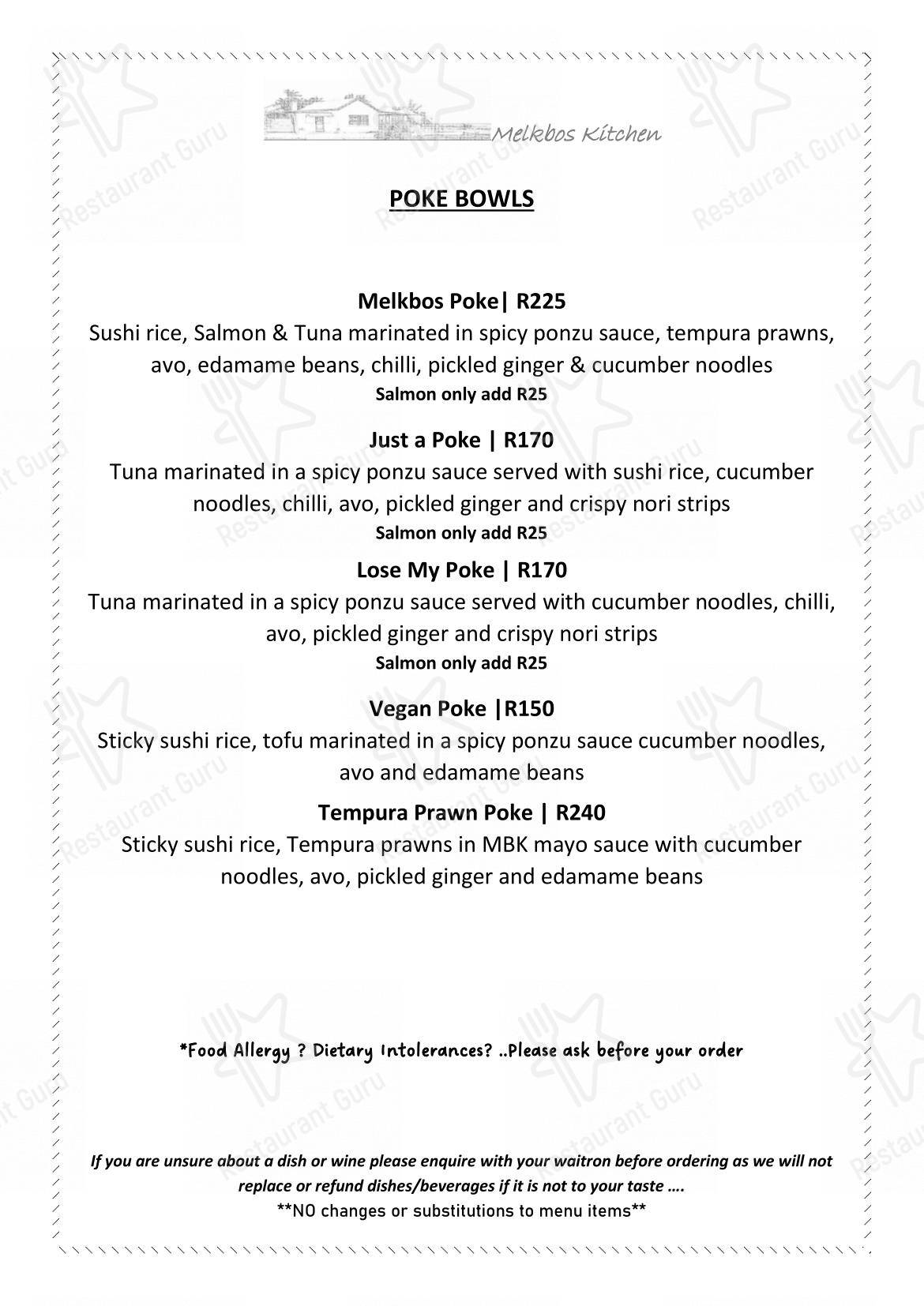 Menu at The Melkbos Kitchen restaurant, Cape Town