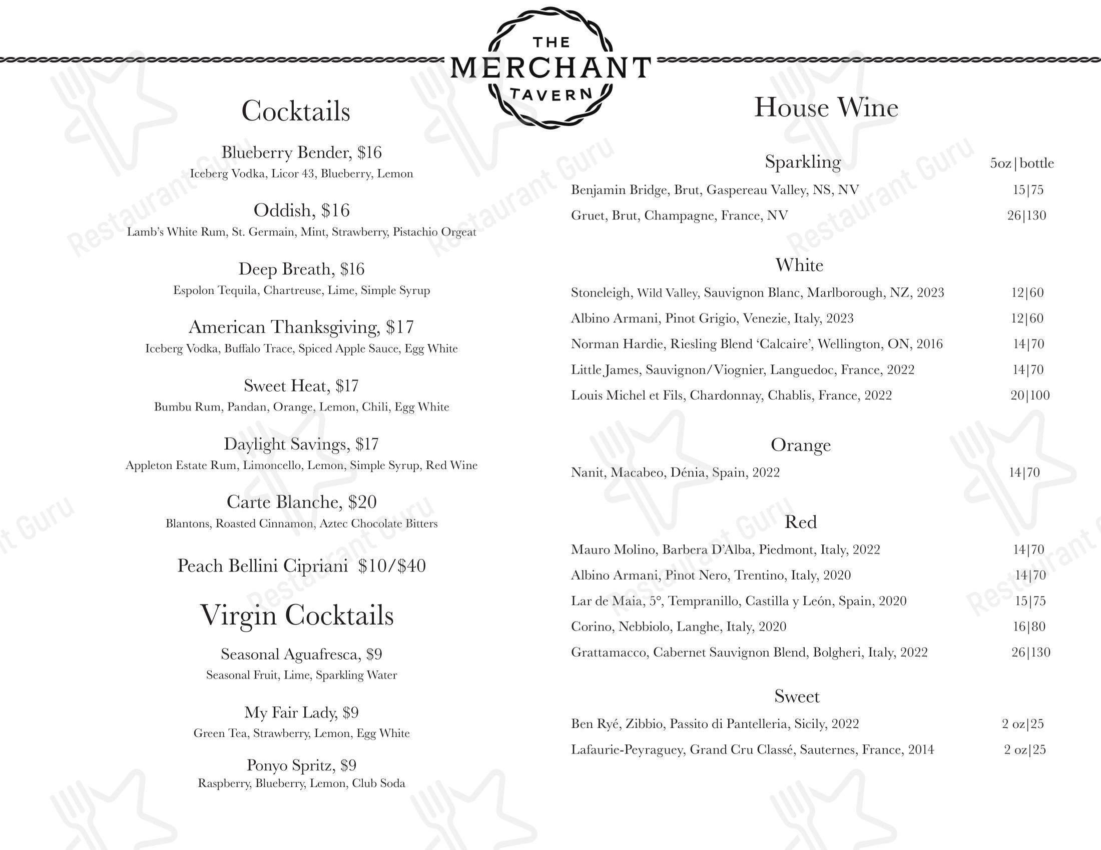 Menu at The Merchant Tavern restaurant, St. John's, John's