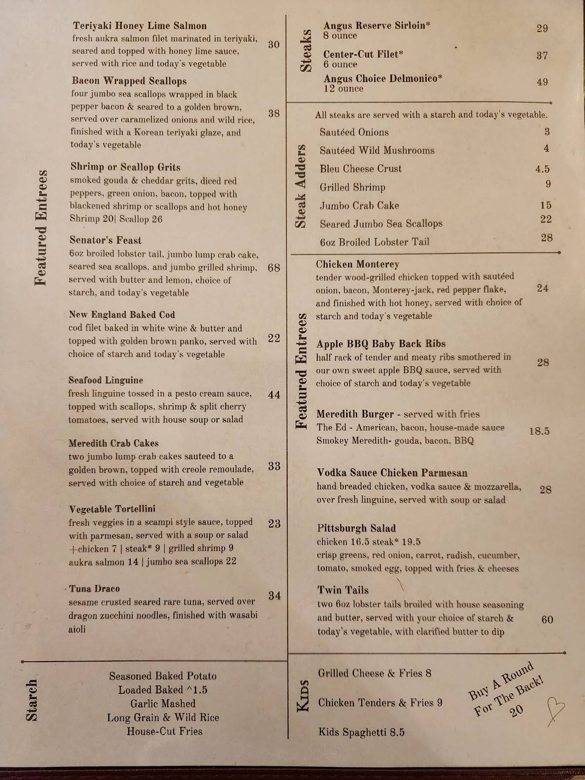 Menu at The Meredith Inn restaurant, Kittanning