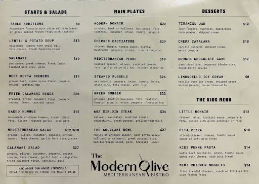Menu at The Modern Olive restaurant, Cranbrook