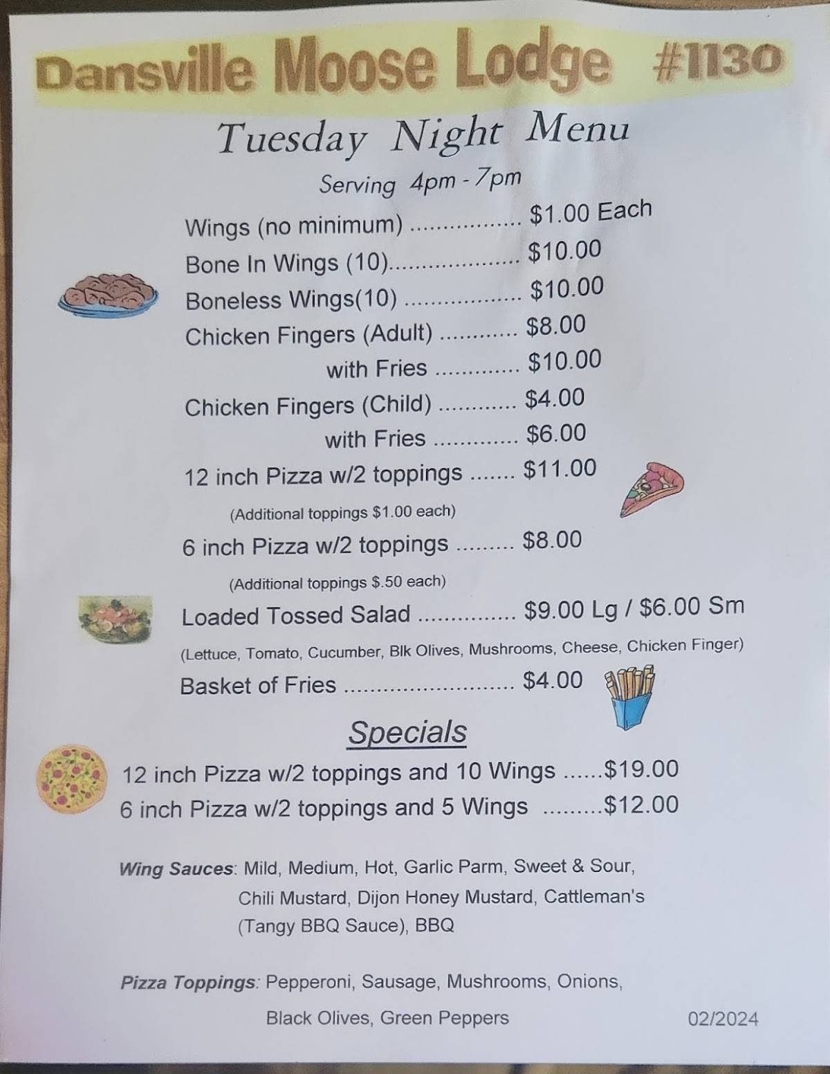 Menu at The Moose Club, Dansville