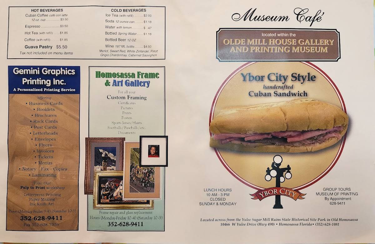 Menu at The Museum Cafe, Homosassa