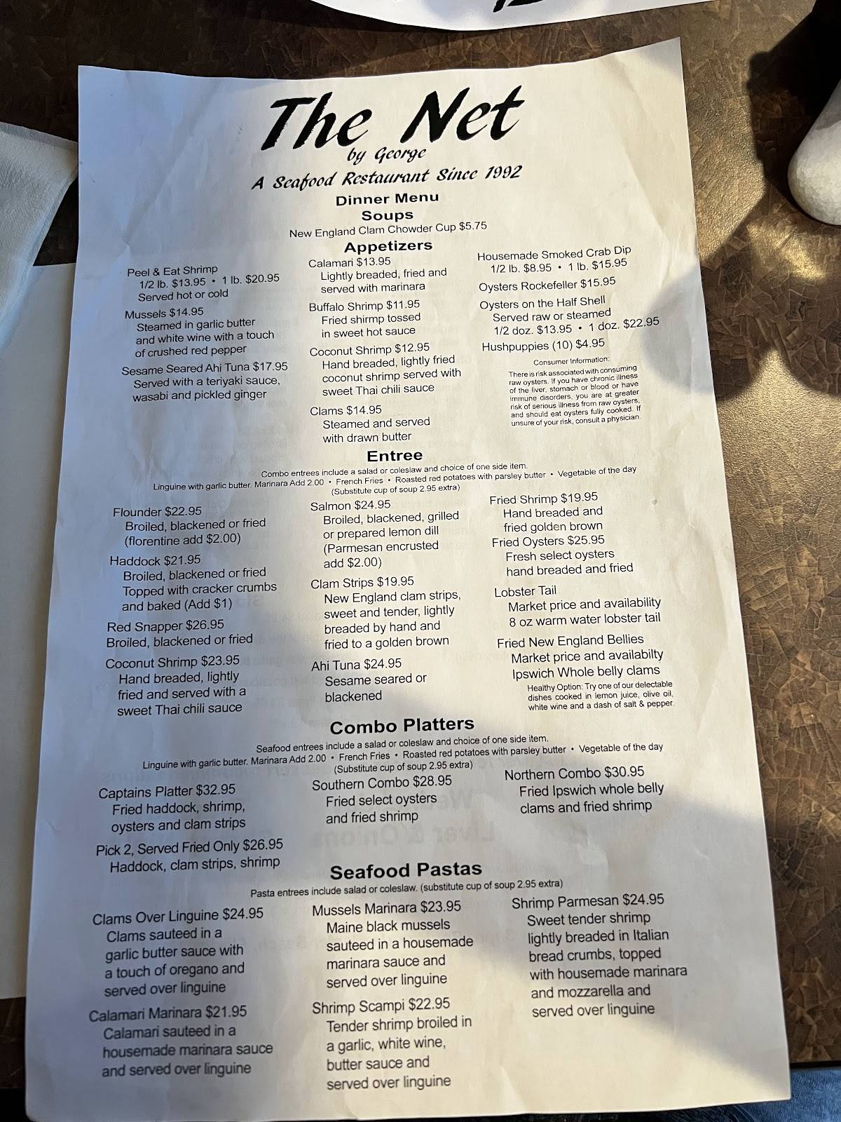 Menu at The NET by George, seafood restaurant, Flagler Beach