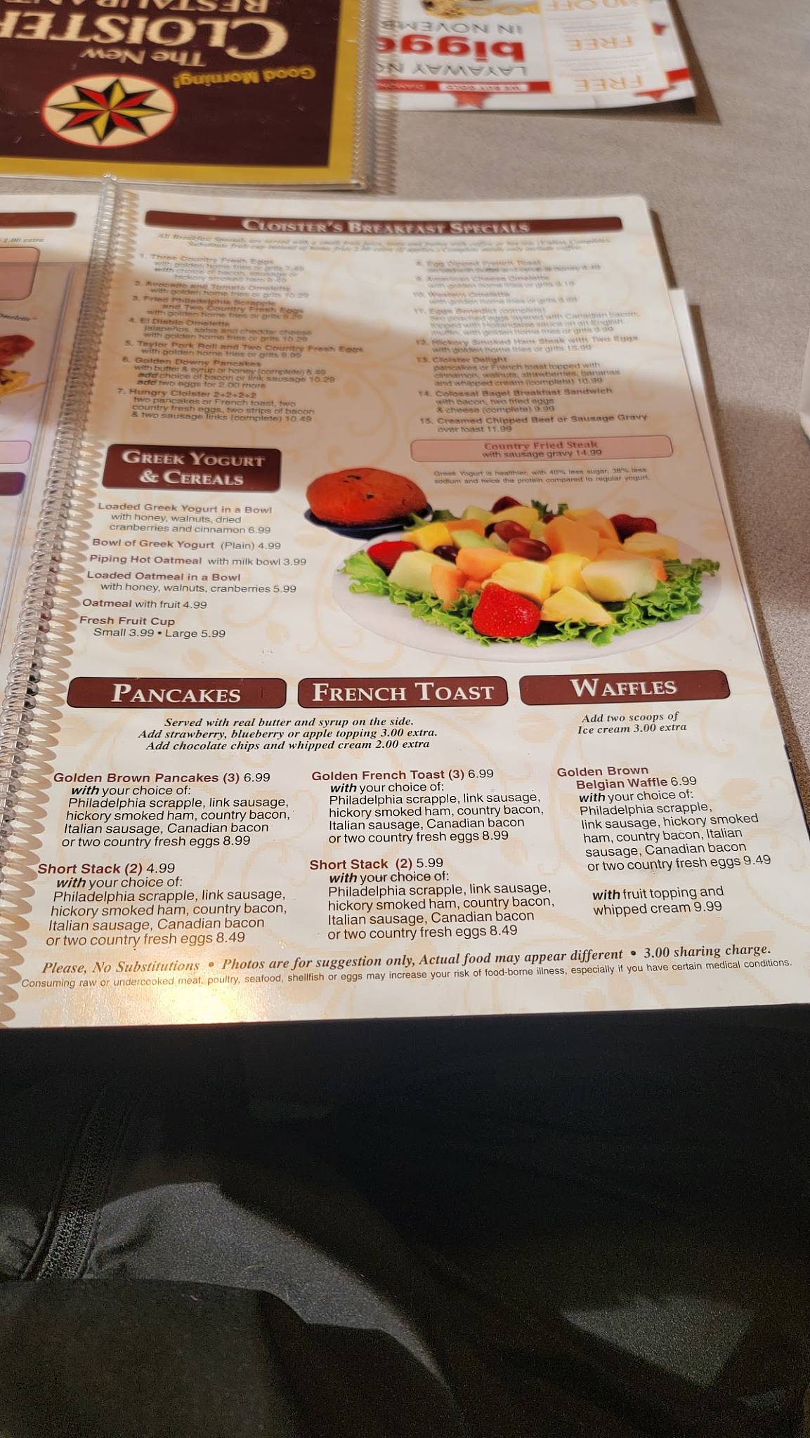 Menu at The New Cloister Restaurant, Ephrata
