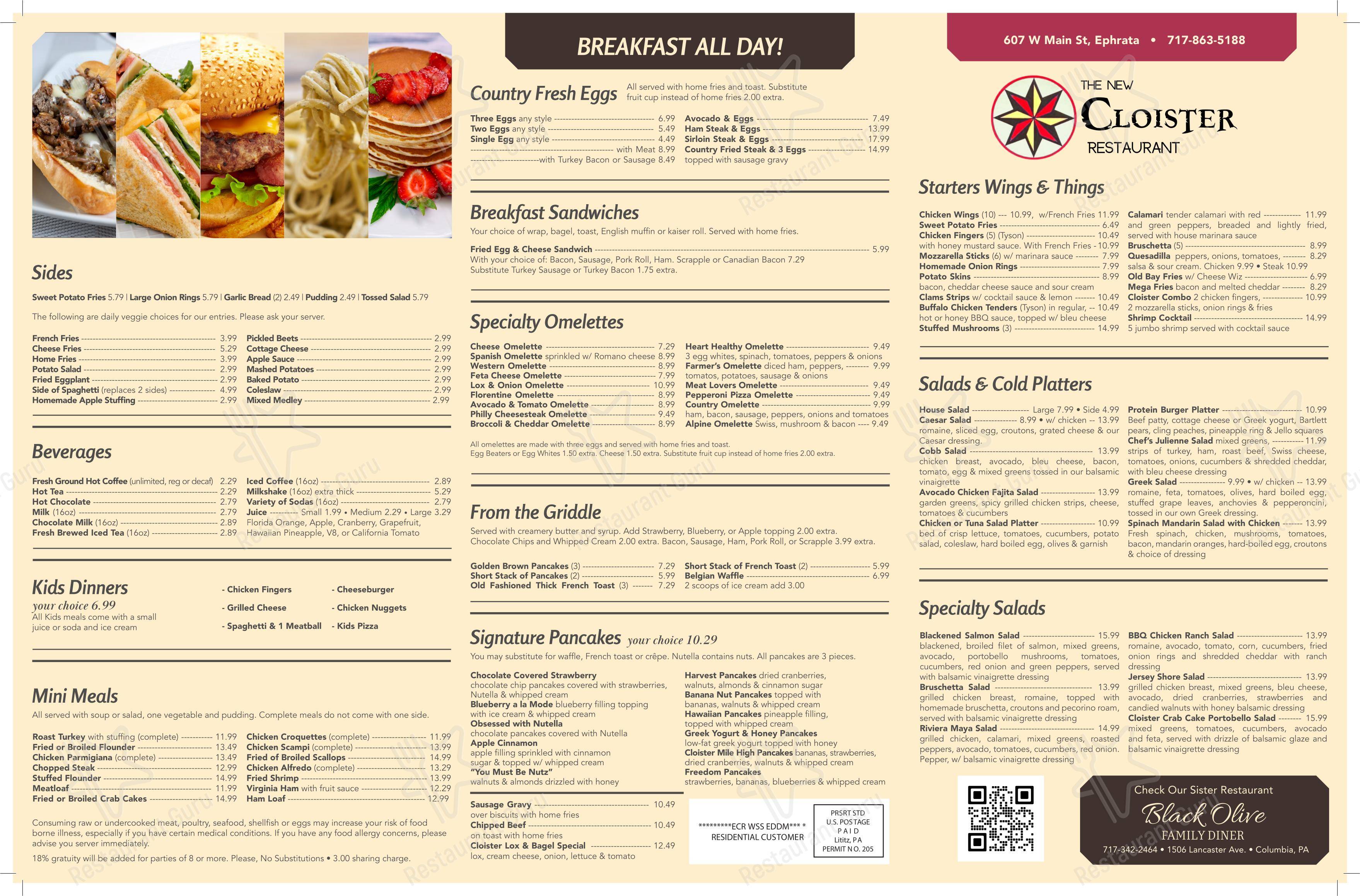 Menu at The New Cloister Restaurant, Ephrata