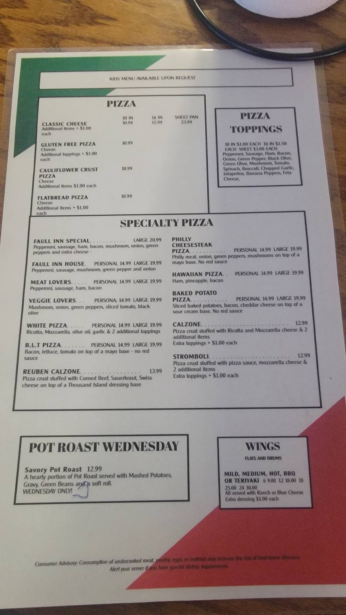 Menu at The New Faull Inn pizzeria, Englewood