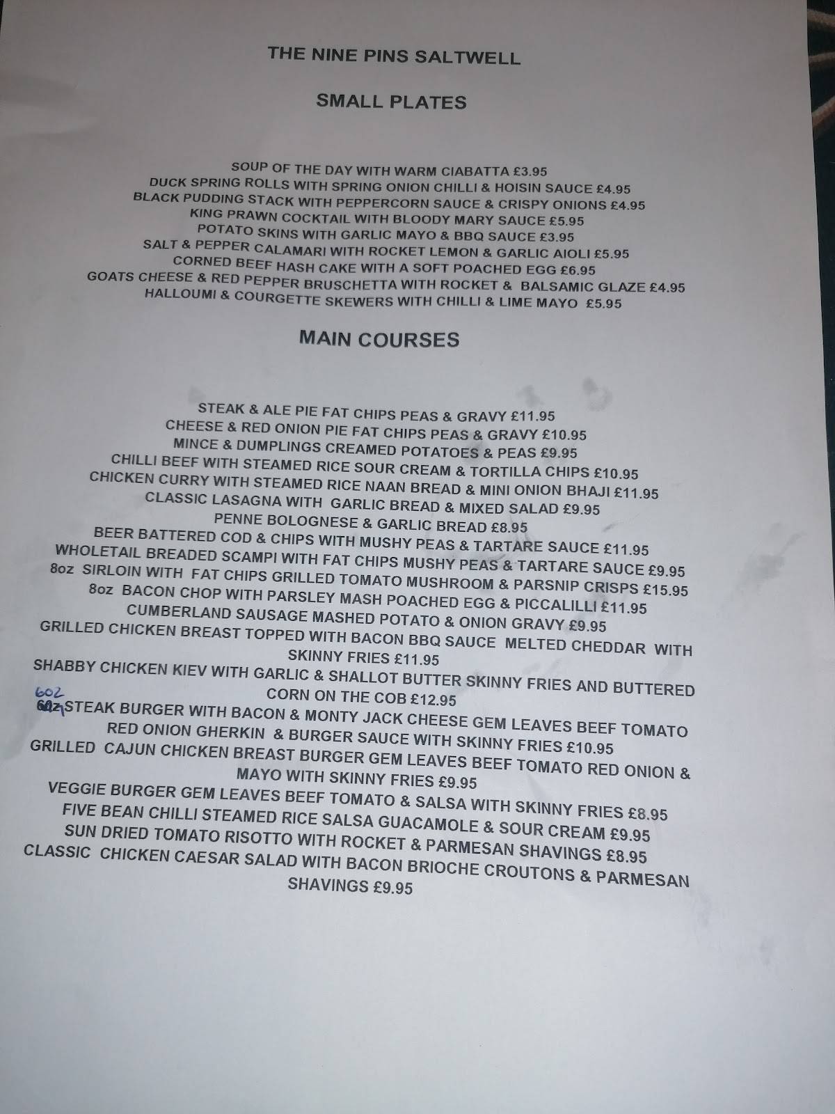 Menu at The Nine Pins Saltwell pub & bar, Gateshead