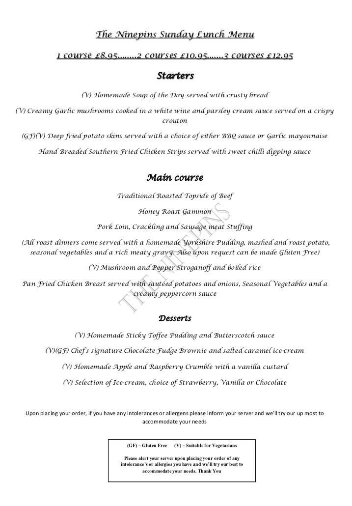 Menu at The Nine Pins Saltwell pub & bar, Gateshead