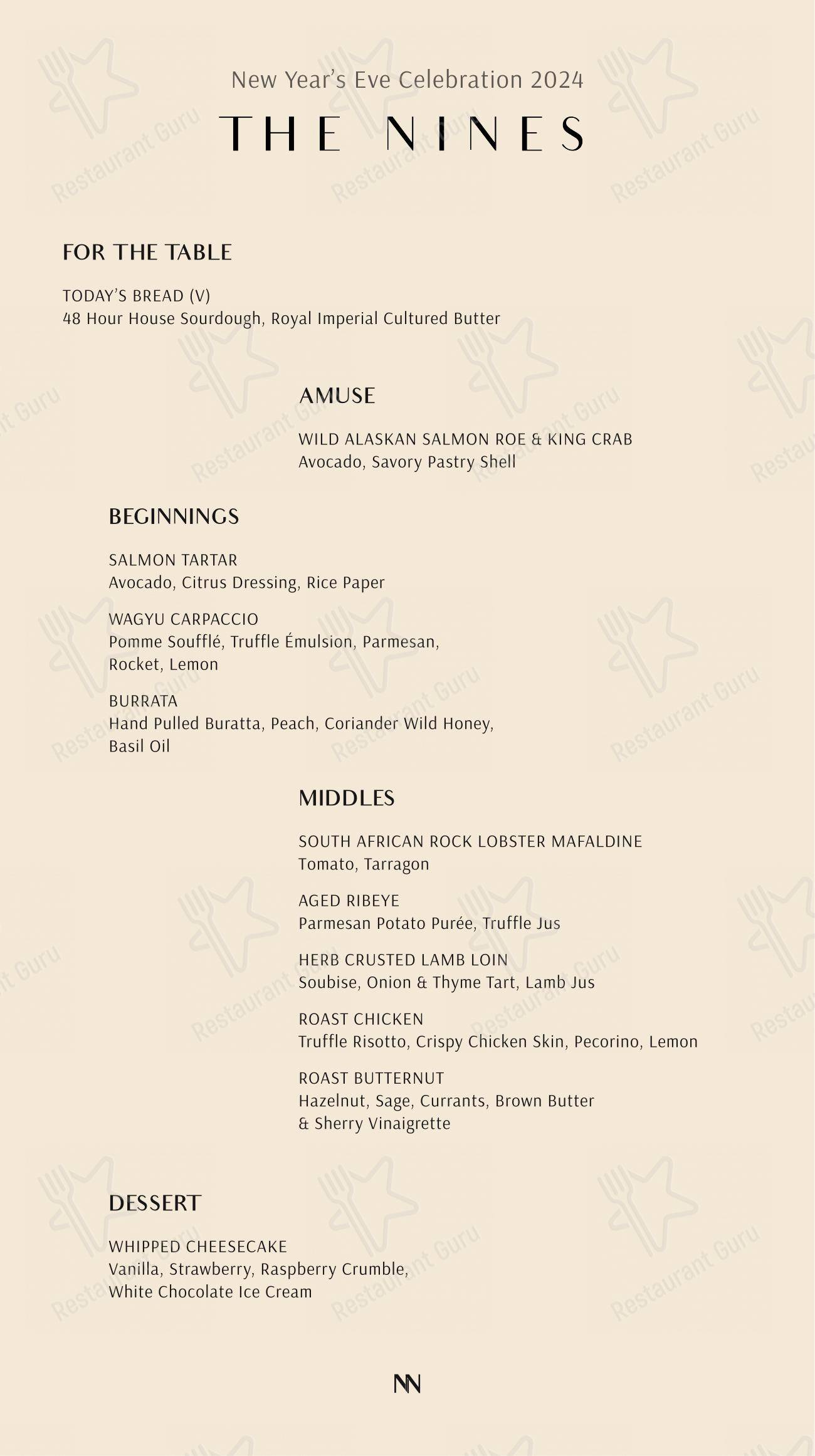 Menu at The Nines restaurant, Cape Town