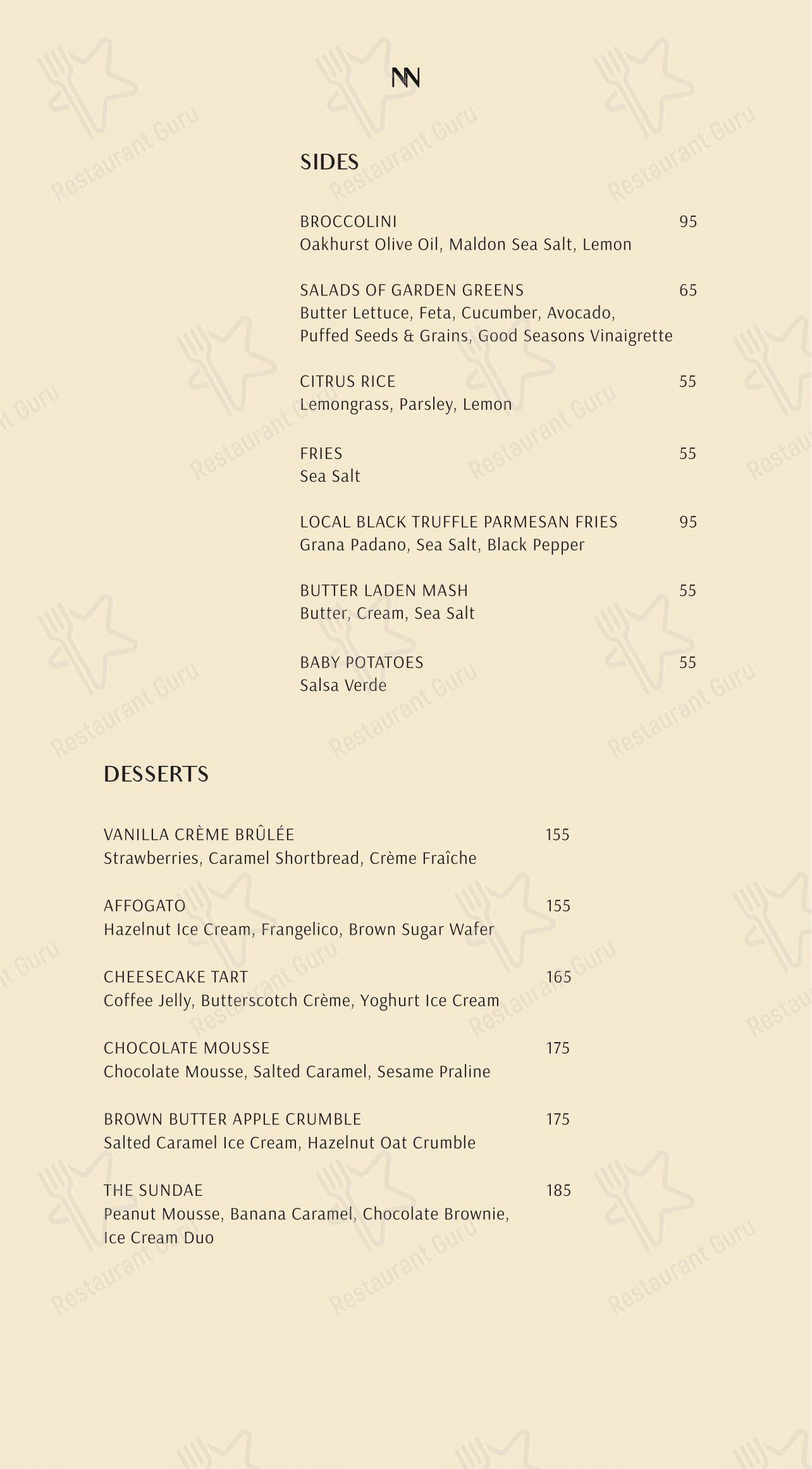 Menu at The Nines restaurant, Cape Town