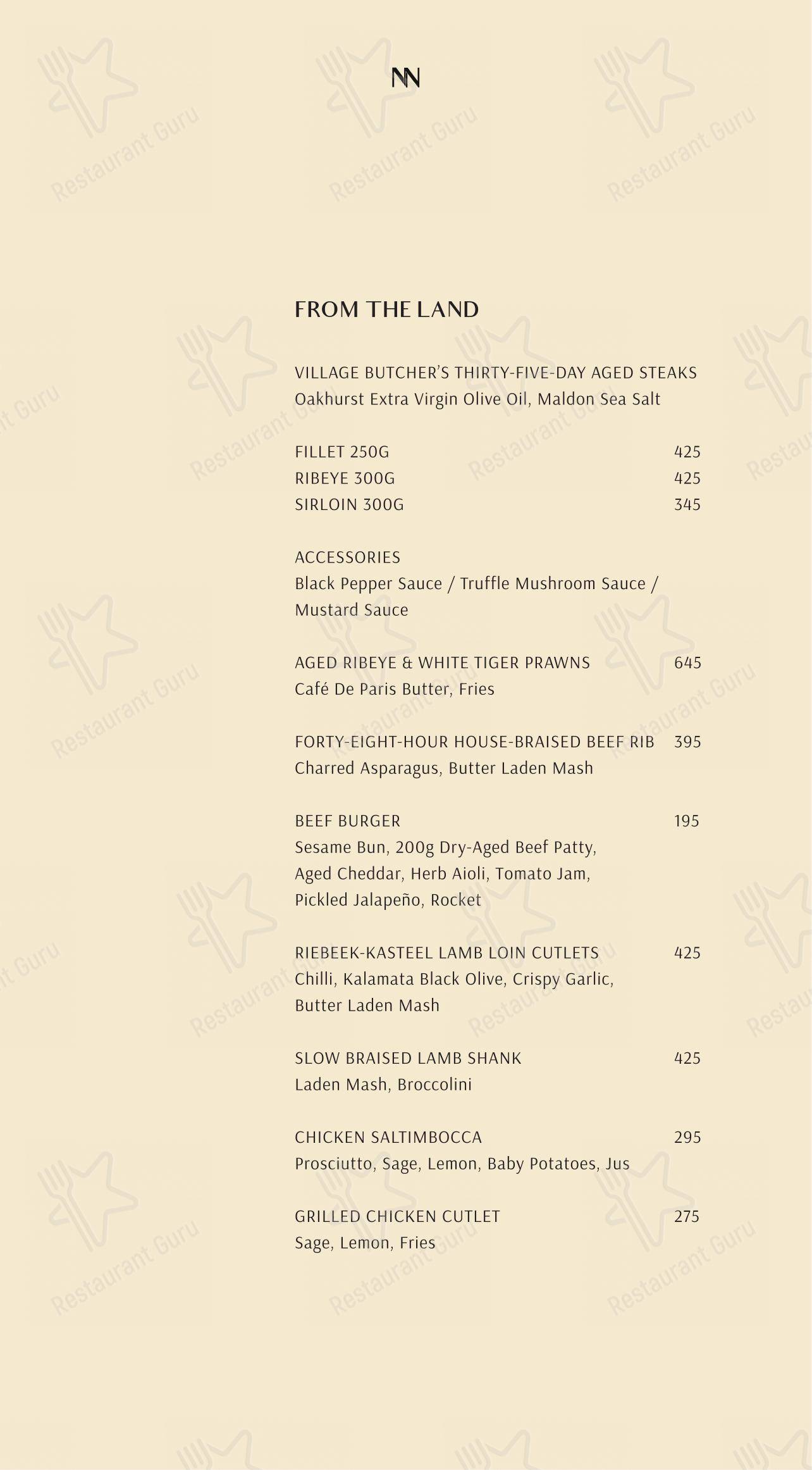 Menu at The Nines restaurant, Cape Town