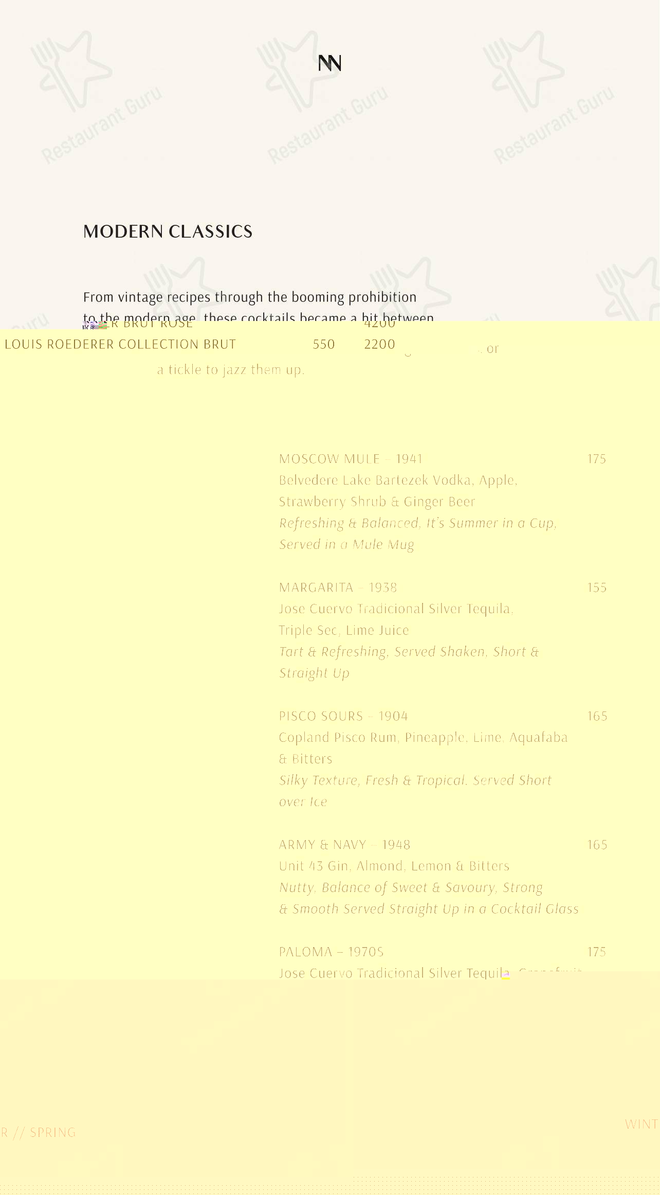 Menu at The Nines restaurant, Cape Town