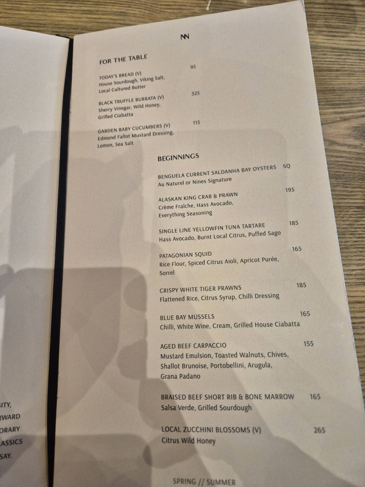 Menu at The Nines by Kove Collection restaurant, Cape Town