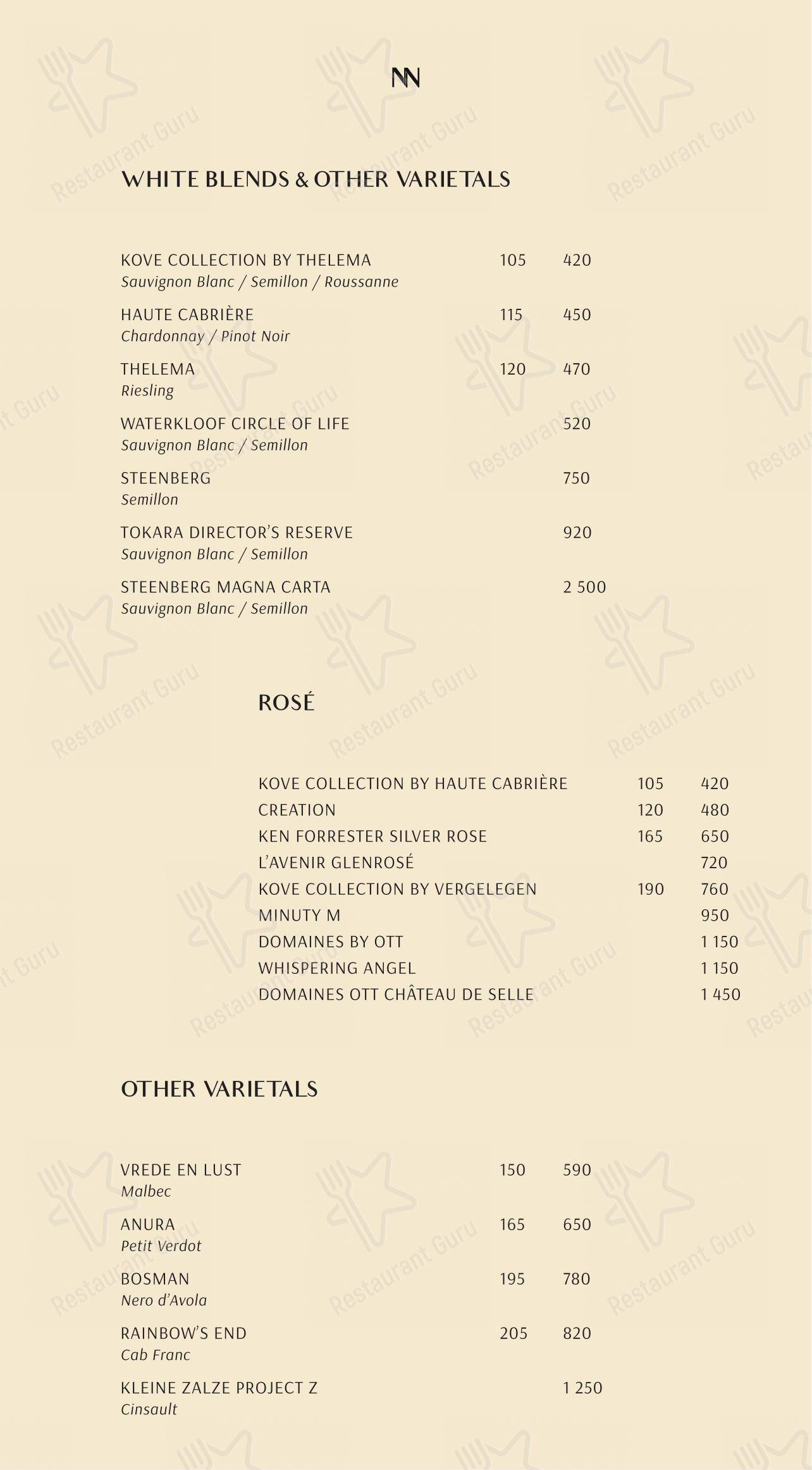 Menu at The Nines restaurant, Cape Town