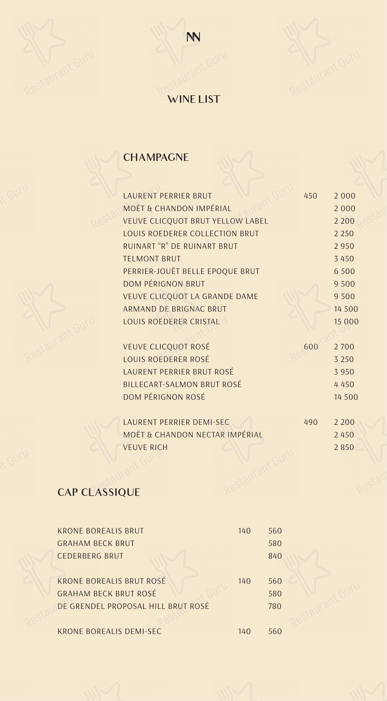 Menu at The Nines restaurant, Cape Town