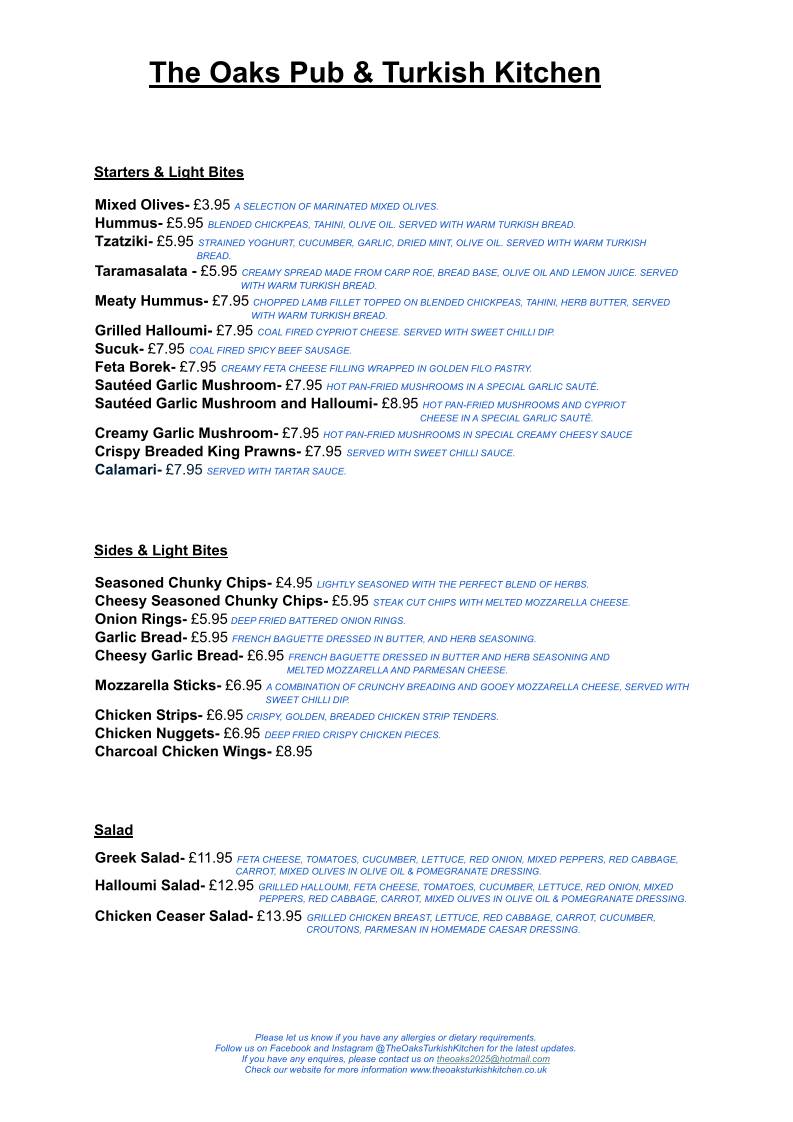 Menu at The Oaks Turkish Kitchen pub & bar, Rickmansworth