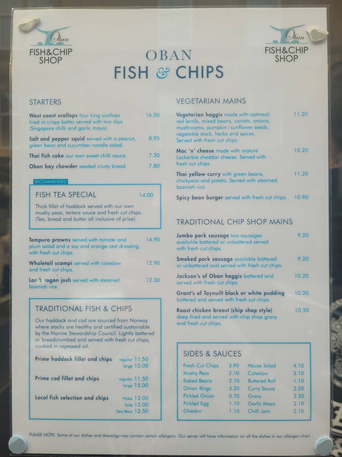Menu at The Oban Fish & Chip Shop restaurant, Oban, 116 George St