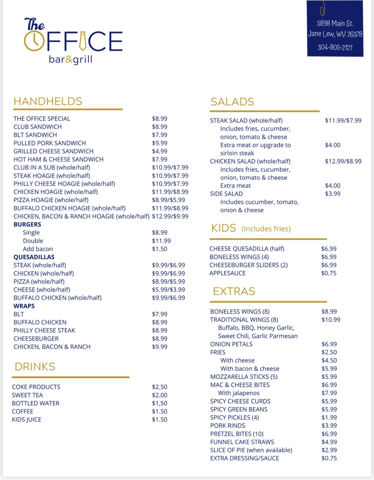 Menu at The Office Bar & Grill Jane Lew WV, Weston