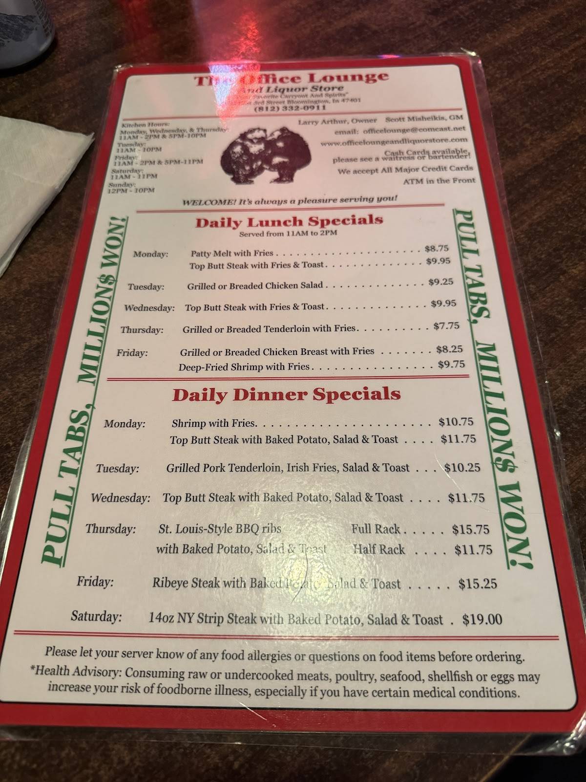 Menu at The Office Lounge & Liquor Store pub & bar, Bloomington
